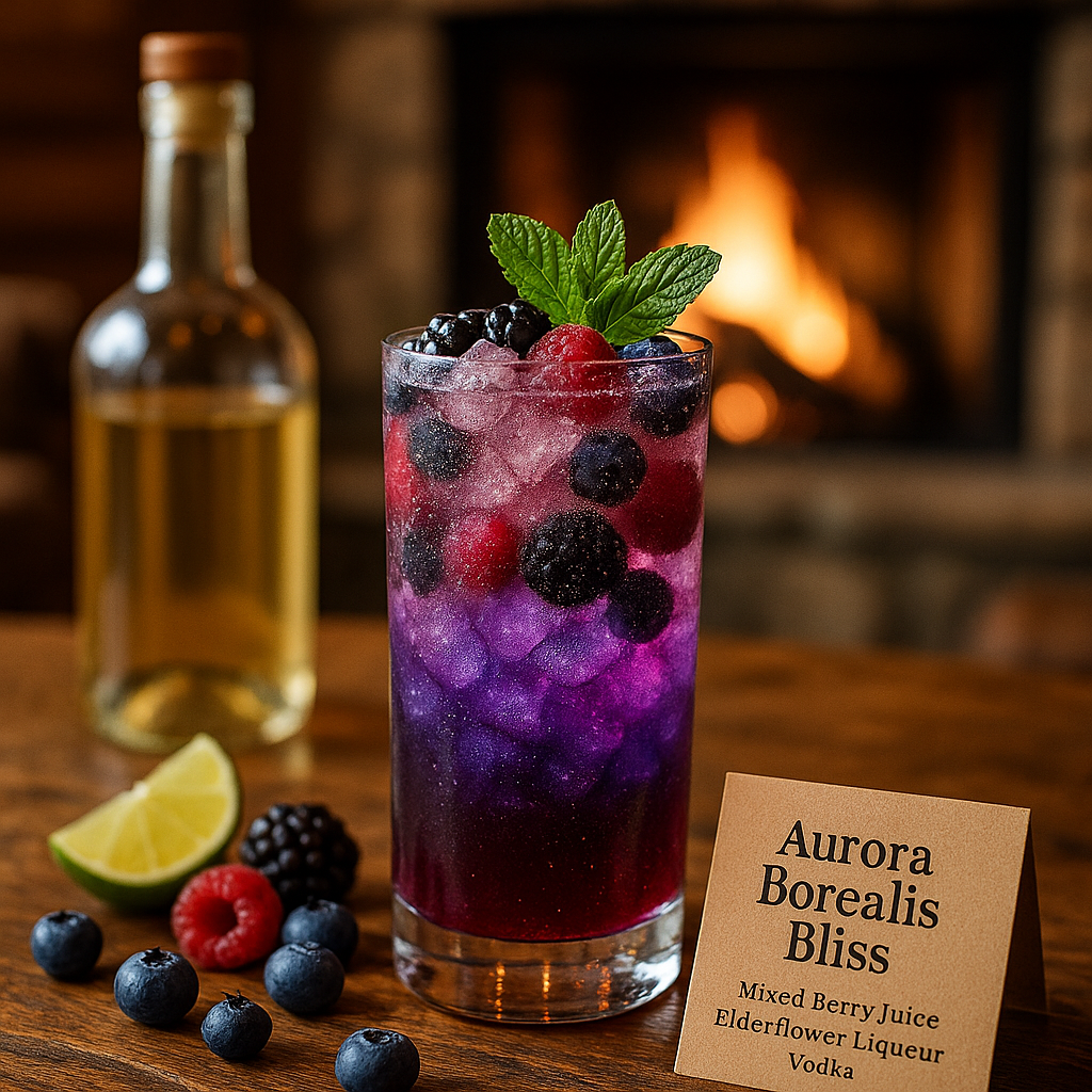 Aurora Borealis Bliss, Vibrant berry cocktail with effervescent fizz