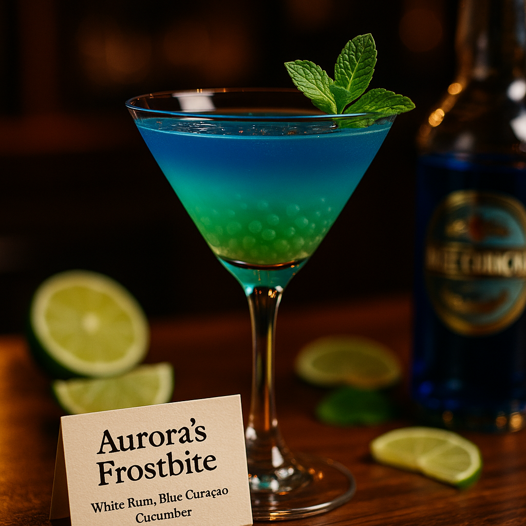 Aurora's Frostbite, Aurora's Frostbite cocktail with spherification pearls