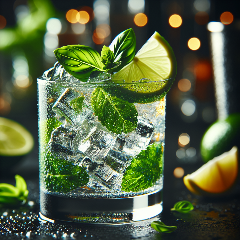 Basil Lime Fizz, Refreshing basil and lime cocktail with mint sparkling water