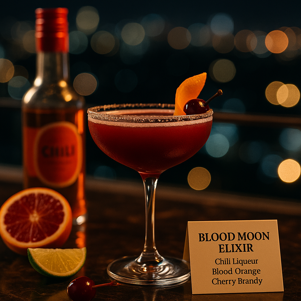 Blood Moon Elixir, Spicy cocktail with blood orange and cherry flavors