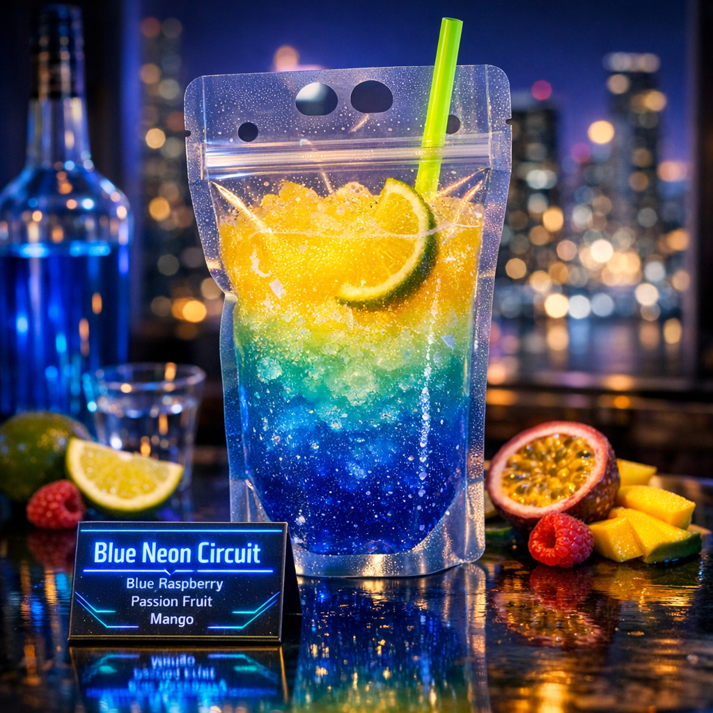Blue Neon Circuit, Cyberpunk-inspired frozen cocktail with vibrant layers.
