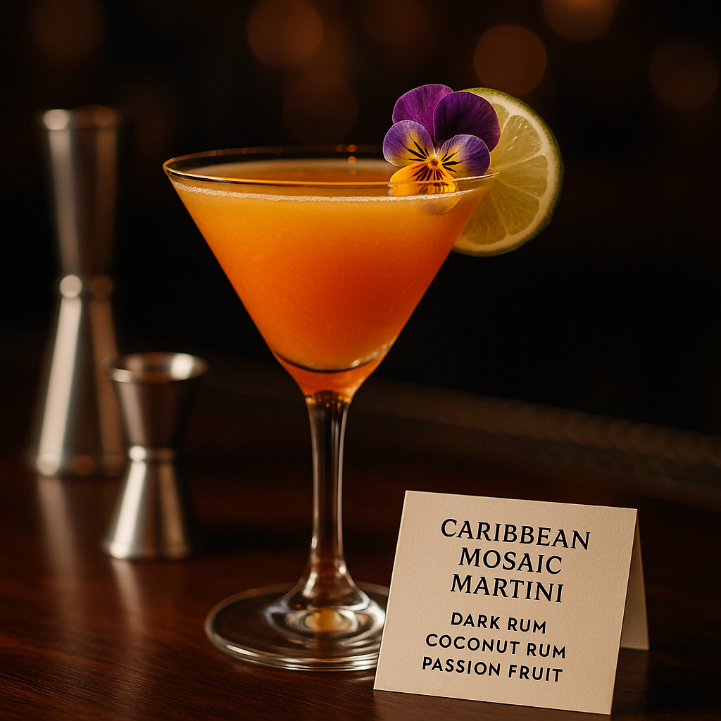 Caribbean Mosaic Martini, Vibrant Caribbean cocktail with exotic flavors