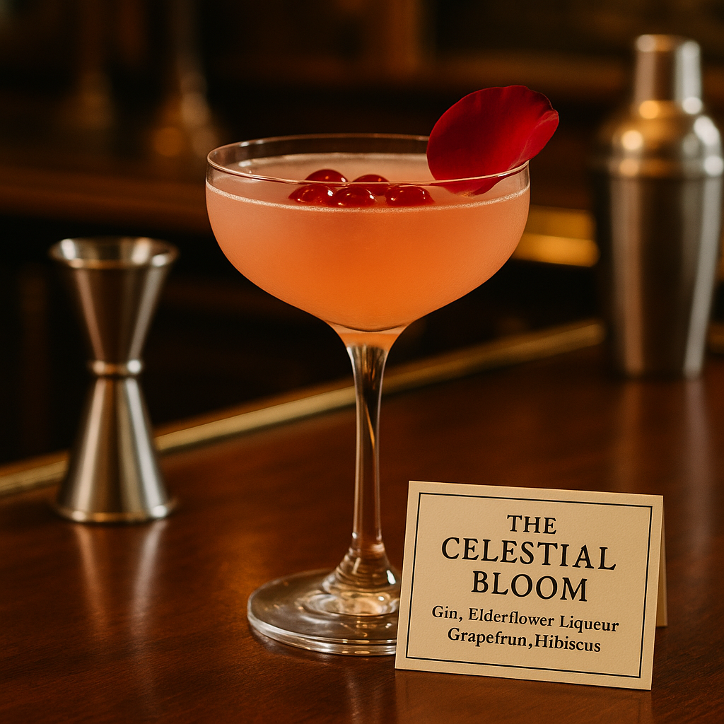 Celestial Bloom, Captivating floral-fruity cocktail with edible hibiscus spheres