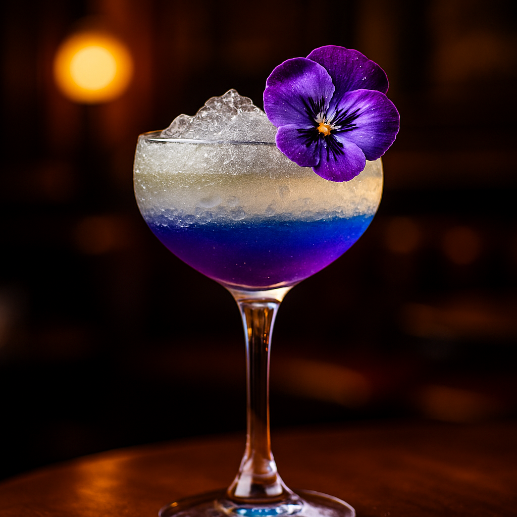 Celestial Cascade, Elegant cocktail with layered infusion and modern mixology flair