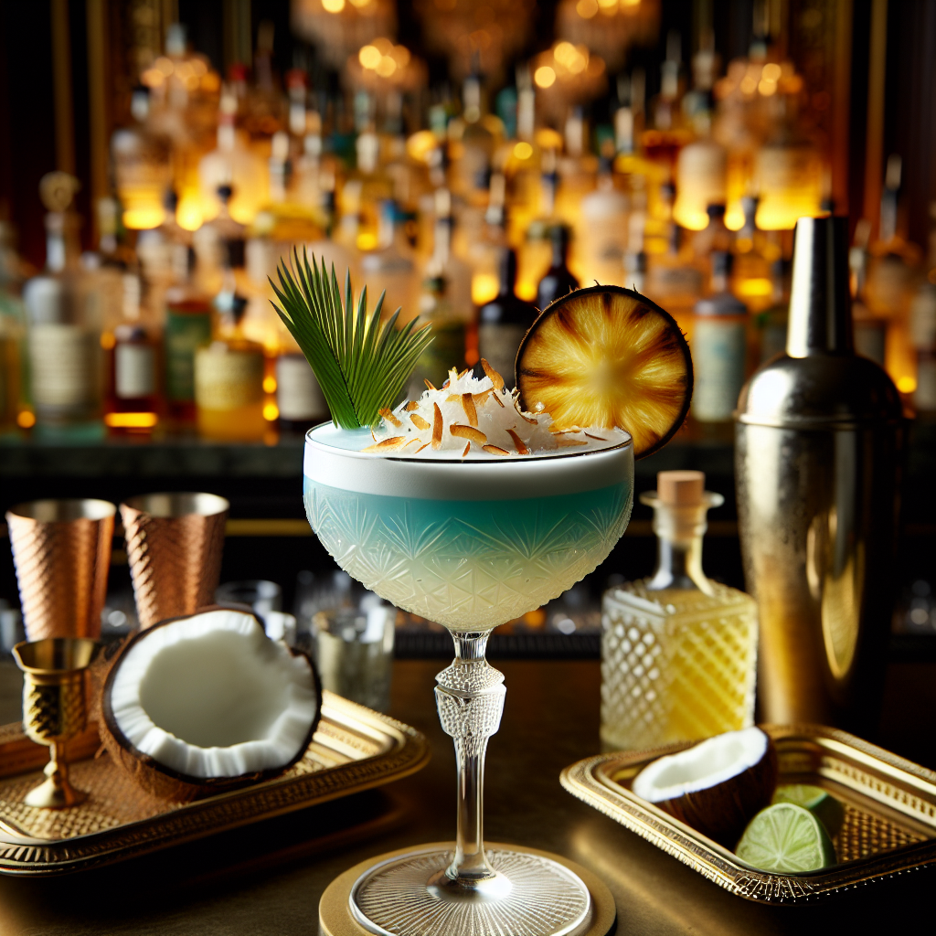 Celestial Coconut Whisper, Tropical coconut cocktail with vibrant flavors