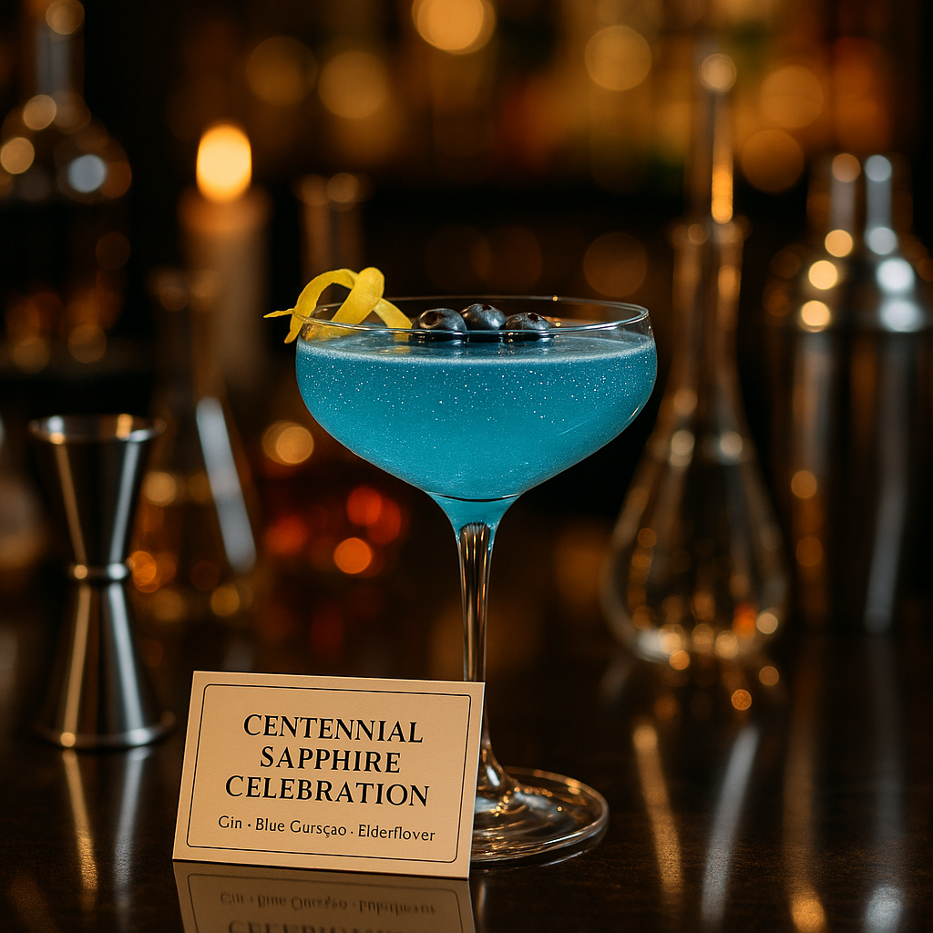 Centennial Sapphire Celebration, Elegant blue cocktail for a festive ...