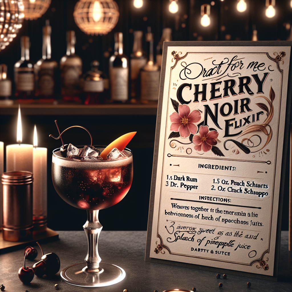 Cherry Noir Elixir, Robust cocktail with dark rum, Dr. Pepper, and peach schnapps