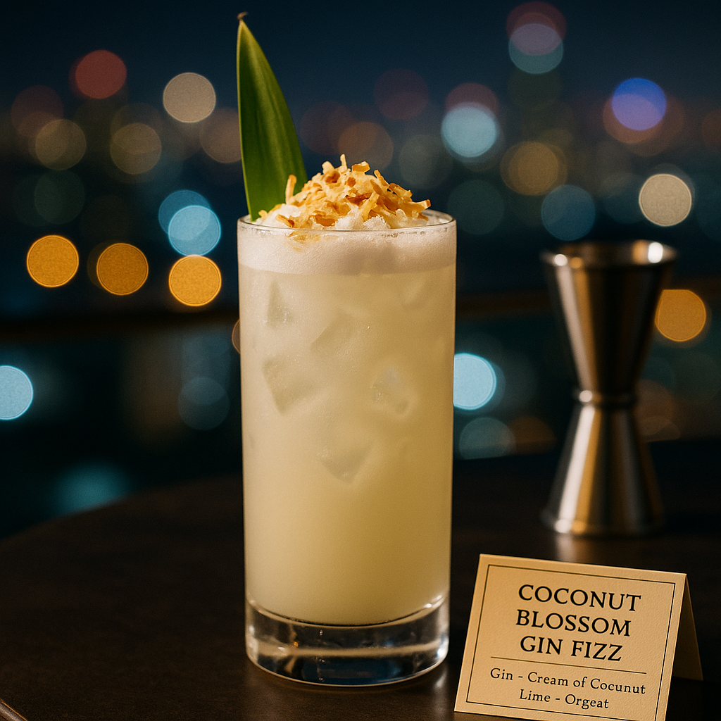 Coconut Blossom Gin Fizz, Sweet & aromatic Coconut Blossom Gin Fizz cocktail