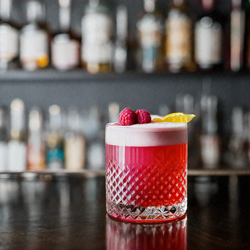 Crimson Blossom Sour, Vibrant gin sour with raspberries and elderflower liqueur