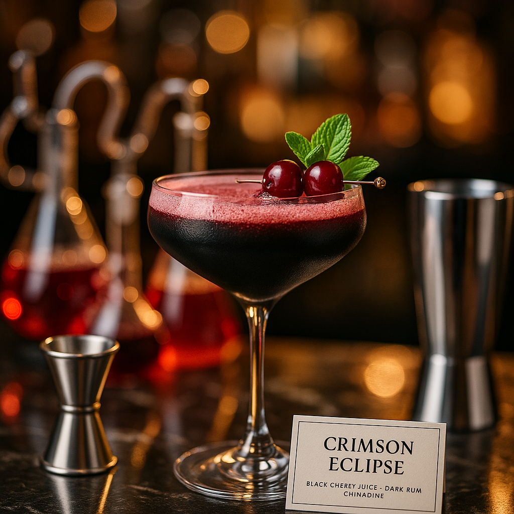 Crimson Eclipse, Bold, sophisticated cocktail with cherry and activated charcoal flavors