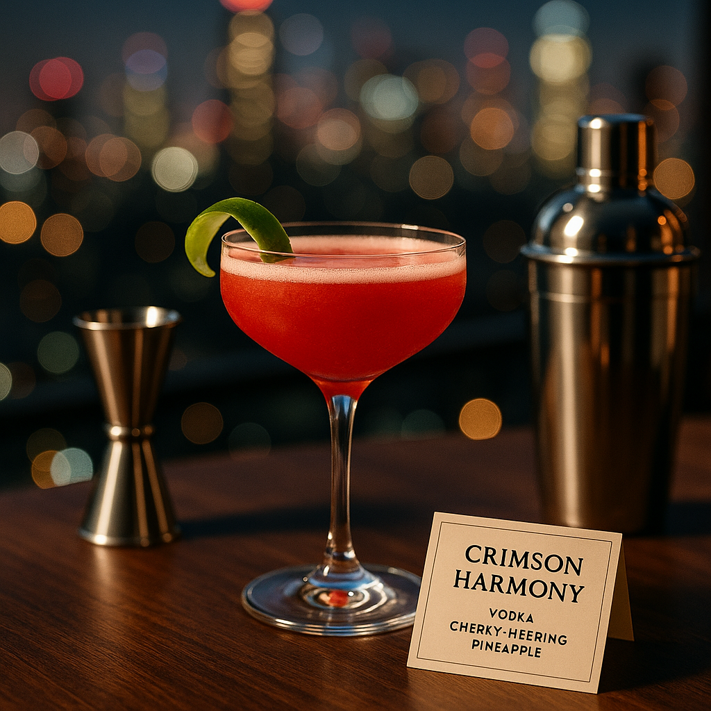 Crimson Harmony, Vibrant red cocktail with balanced flavors