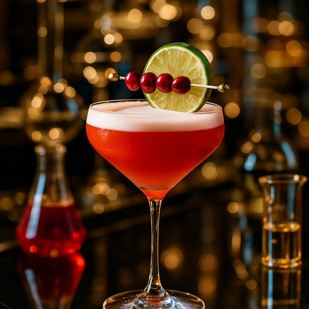 Crimson Sunset, Vibrant cocktail with cranberry, citrus, and agave flavors