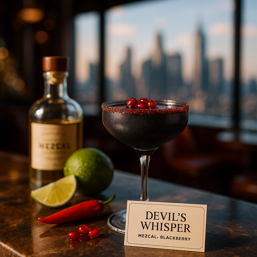 Devil's Whisper, Spicy black cocktail with mezcal, blackberry, and ...