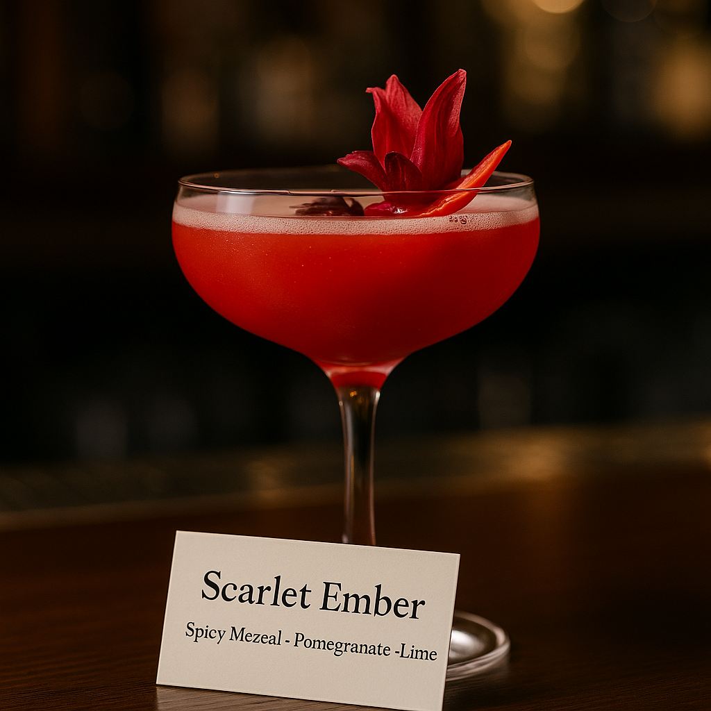 Drink Scarlet Ember, Fiery, vibrant cocktail with spice and exotic fruits