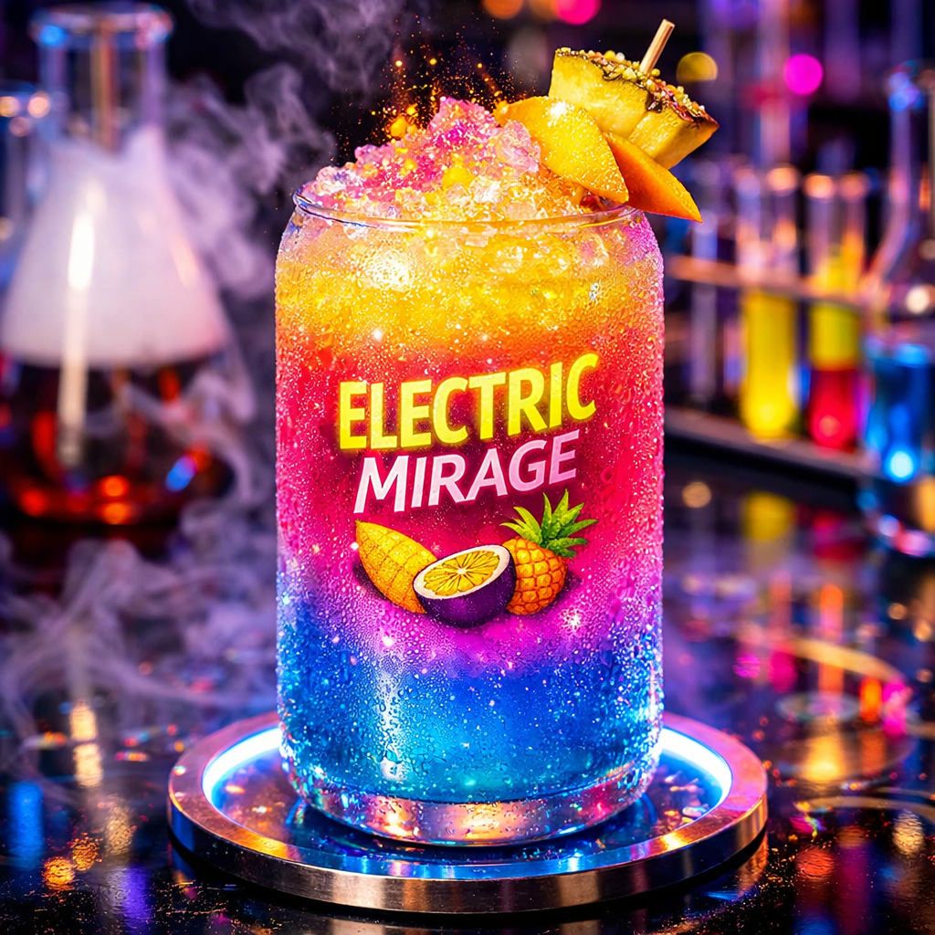 Electric Mirage, Tropical cocktail with vibrant colors and flavors.