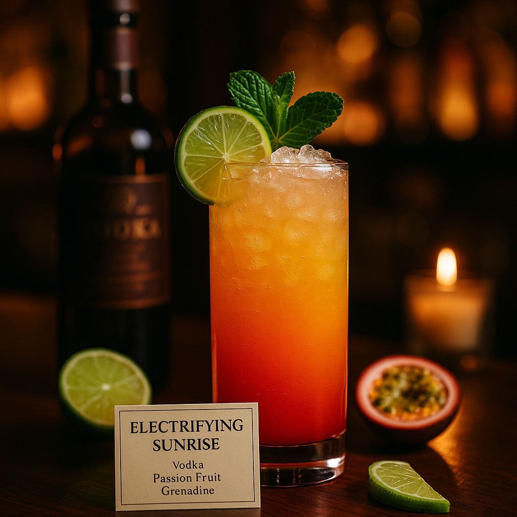 Electrifying Sunrise, Vibrant tropical cocktail with an energizing kick
