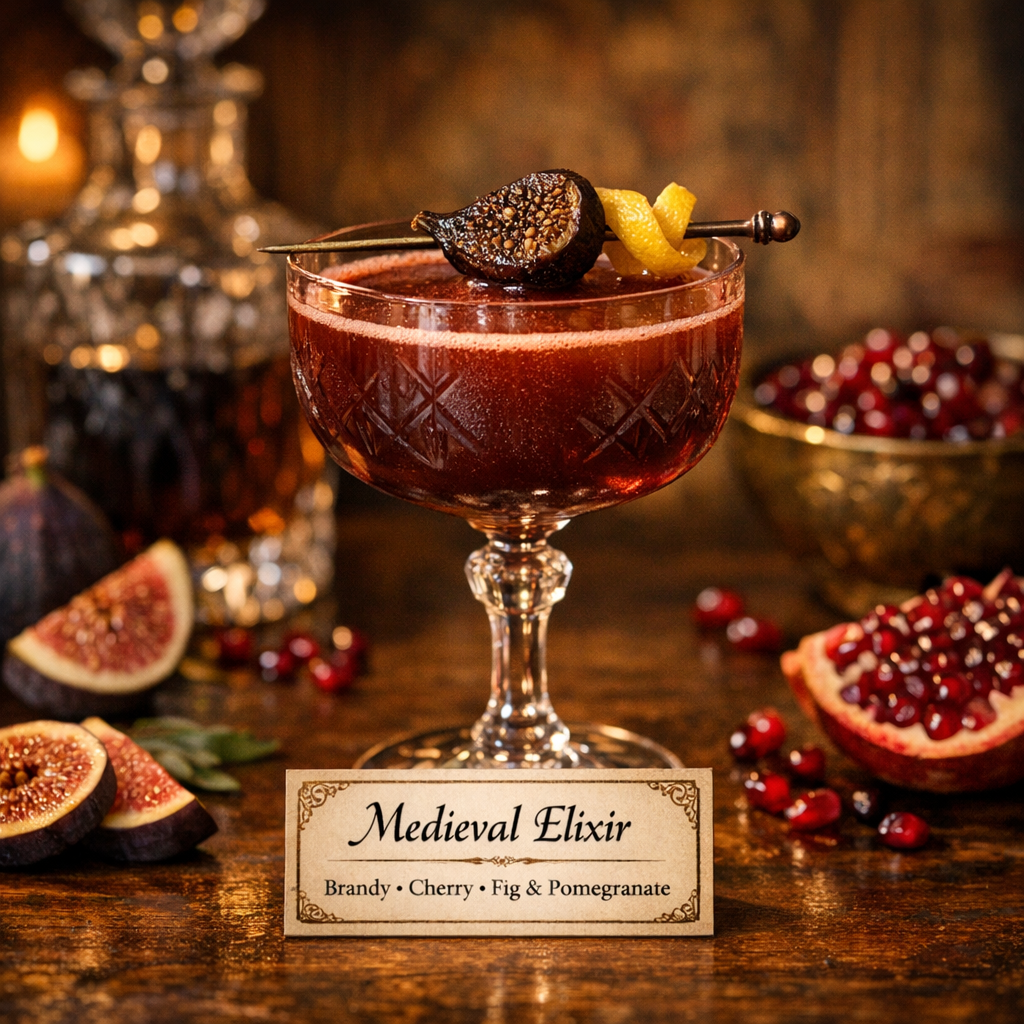 Elixir of the Crimson Countess, Opulent cocktail with cherry, fig, and ...