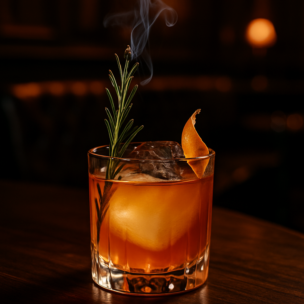 Ember & Citrus Elixir, Smoky bourbon cocktail with citrus and herbal notes