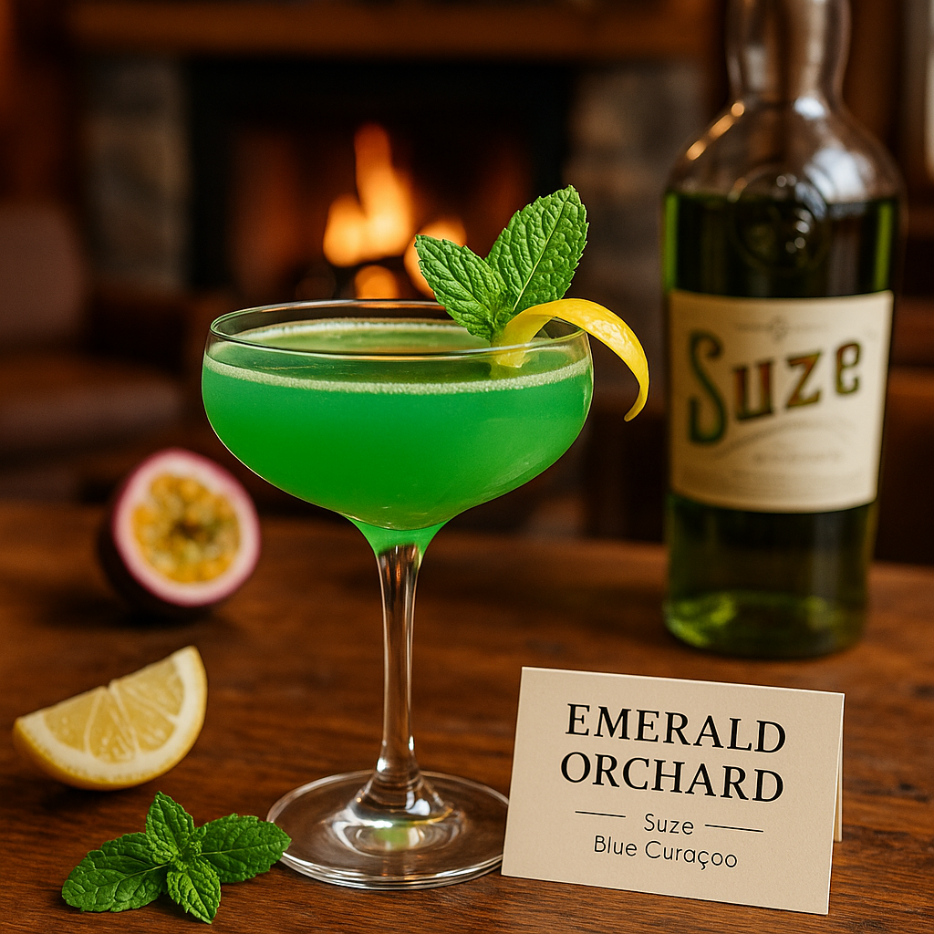 Emerald Orchard, Lush, fruity cocktail with a refreshing sour kick