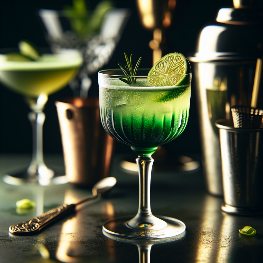 Emerald Reverie, Vibrant gin and absinthe cocktail with lime and rhubarb bitters