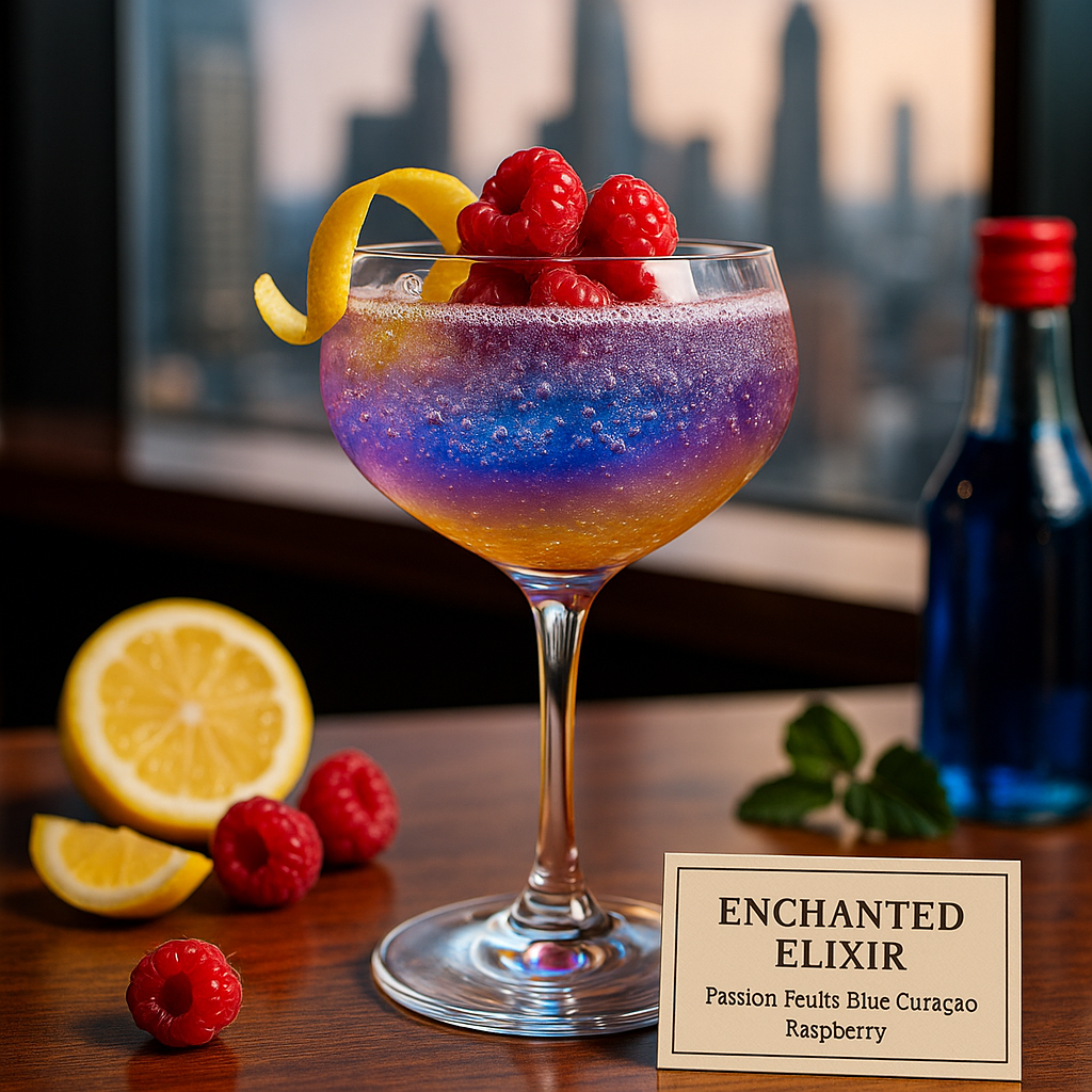 Enchanted Elixir, Whimsical, colorful cocktail capturing essence of magical realm