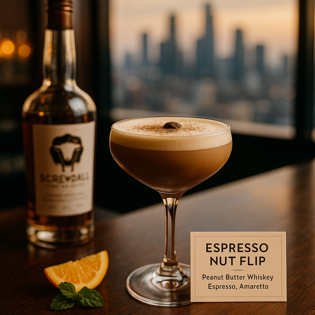 Espresso Nut Flip, Espresso Nut Flip cocktail with peanut butter whiskey and espresso