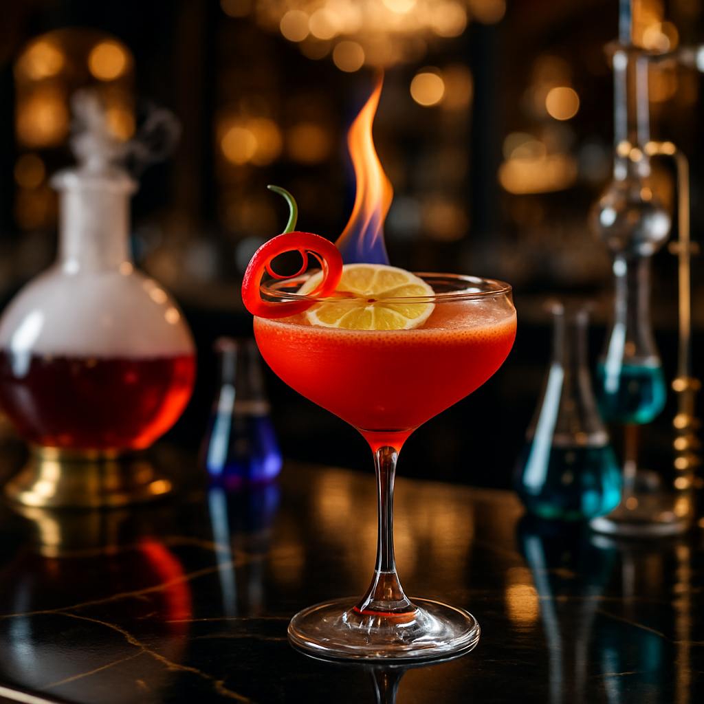 Fire & Ember Elixir, Fiery cocktail with spicy flavors and crimson hue
