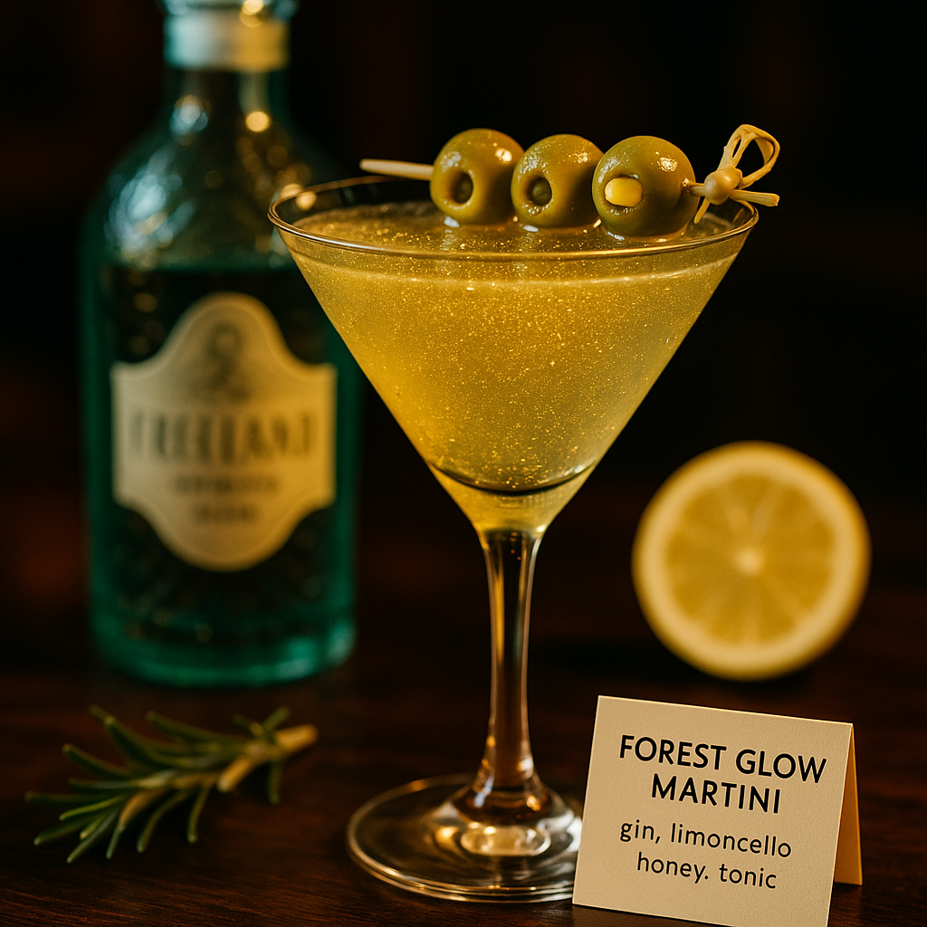 Forest Glow Martini, Enchanting forest and zesty citrus martini with gold glitter
