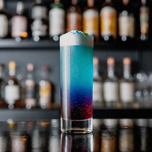 Galactic Mist, Celestial cocktail with vibrant colors and effervescent glow
