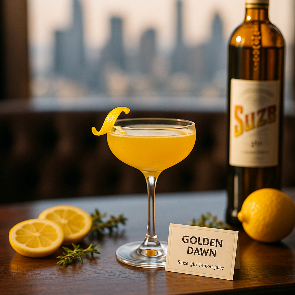 Golden Dawn, Vibrant, refreshing cocktail with Suze, citrus, and floral ...