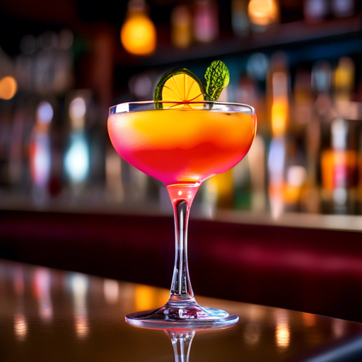 Golden Hour Fusion, Vibrant cocktail with Licor 43, gin, lime, and bitters