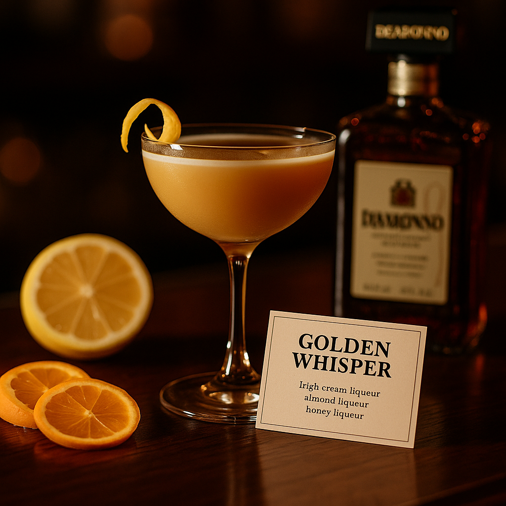 Golden Whisper, Sophisticated cocktail with warm liqueurs and citrus twist