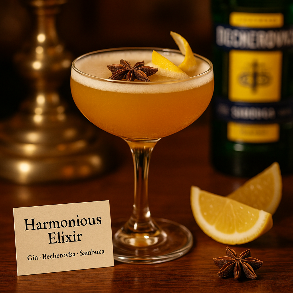 Harmonious Elixir, Gin, Becherovka, Sambuca cocktail with lemon and ...