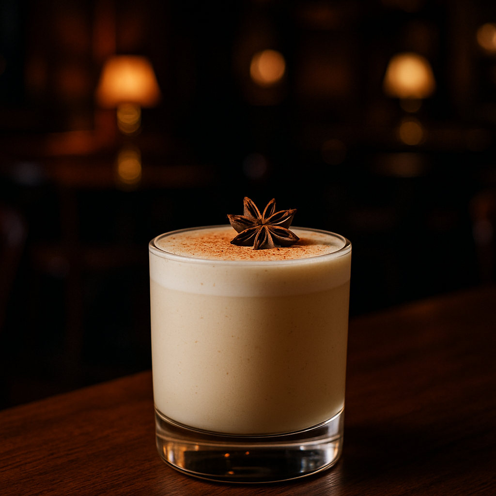 Hazelnut Holiday Dream, Cozy holiday cocktail with egg nog and nutty liqueurs