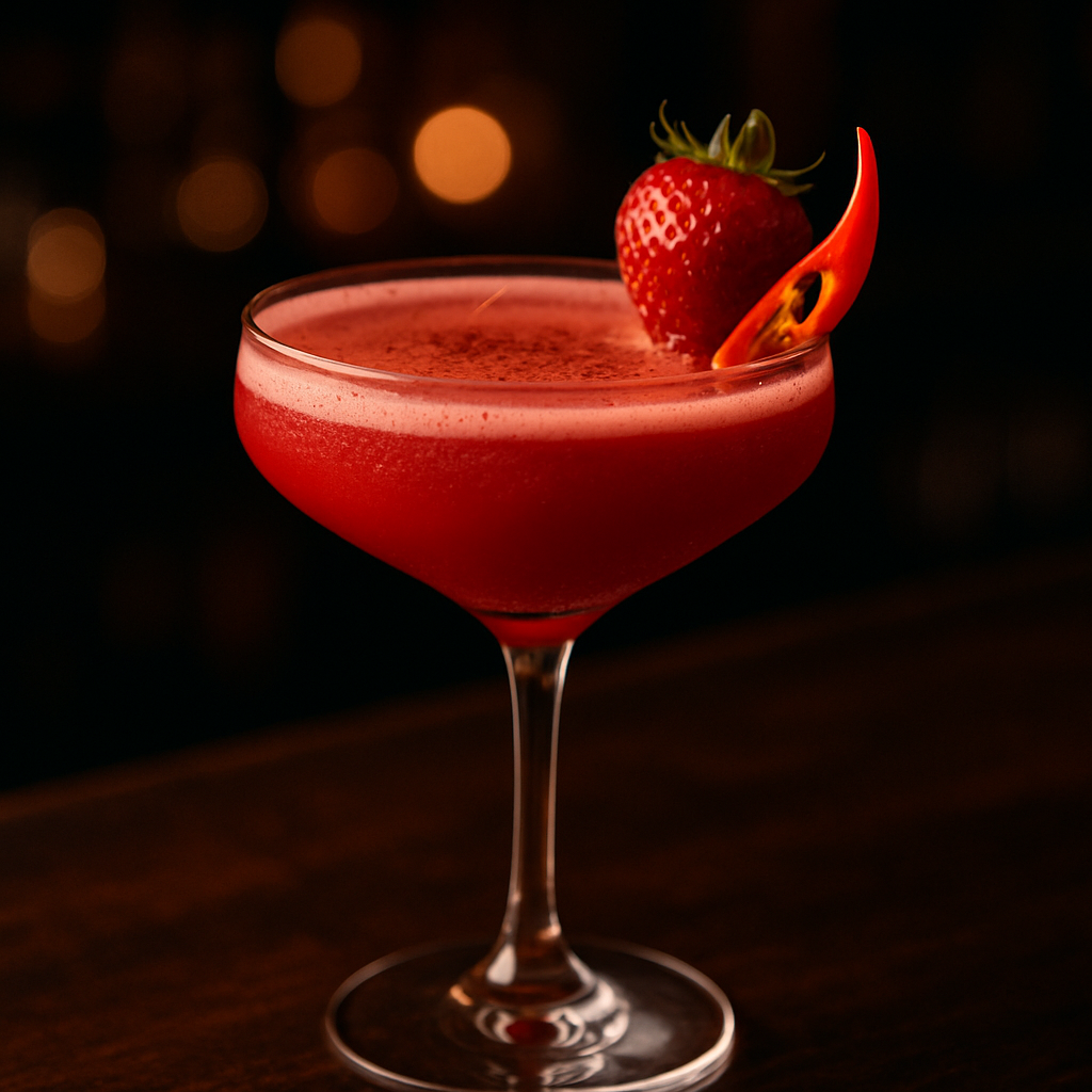Inferno Blossom, Fiery chili meets sweet strawberries in vibrant cocktail