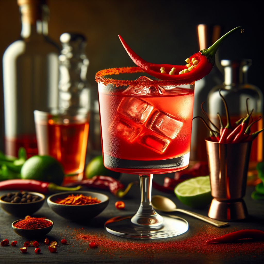 Inferno Ember, Spicy, bright red cocktail with mezcal and ancho chile ...