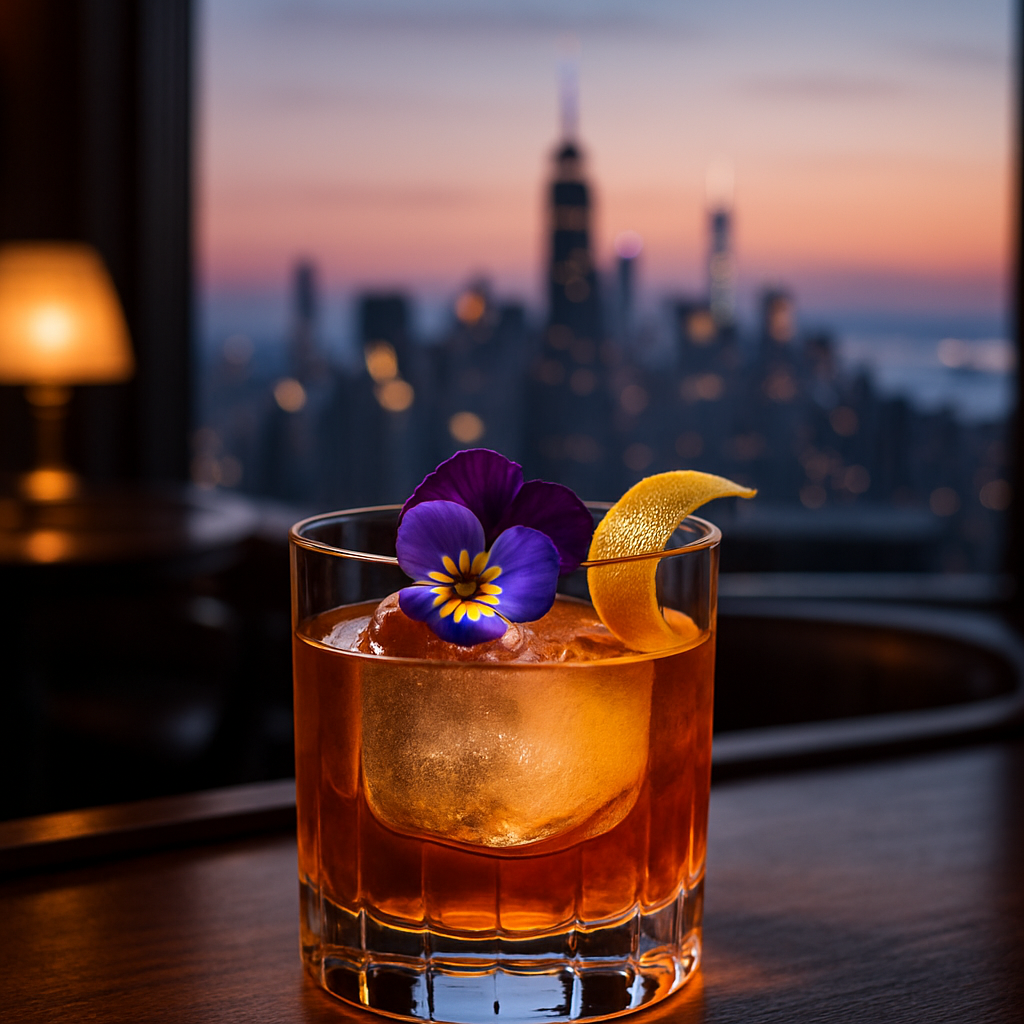 Jazz Blossom Old Fashioned, Vibrant spring Old Fashioned with floral twist