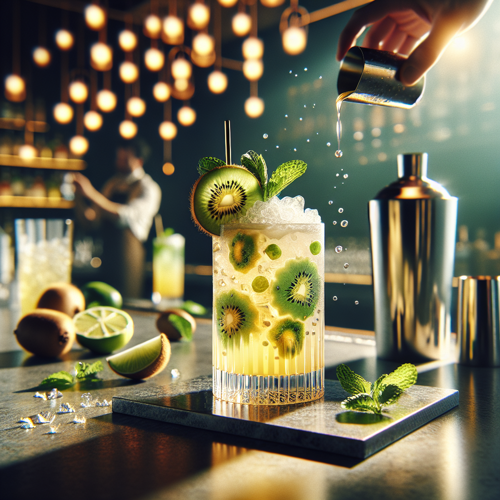 Kiwi Spark, Vibrant cocktail with kiwi, Absolut Vodka, lime, and ginger