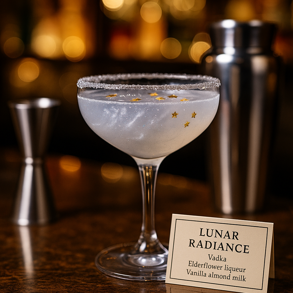 Lunar Radiance, Celestial Lunar Radiance cocktail with silver and gold accents
