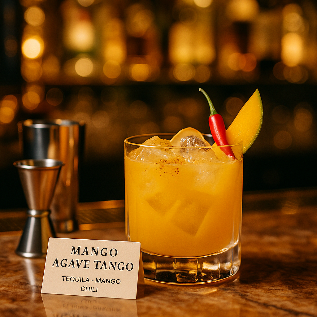 Mango Agave Tango, Vibrant mango tequila cocktail with lime and chili twist
