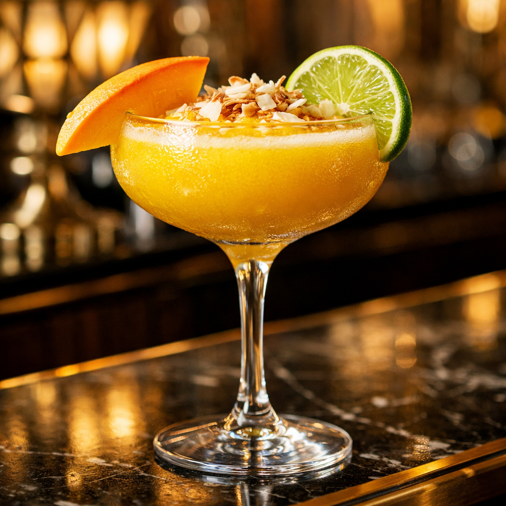 Mango Mirage, Tropical rum cocktail with mango and coconut flavors.