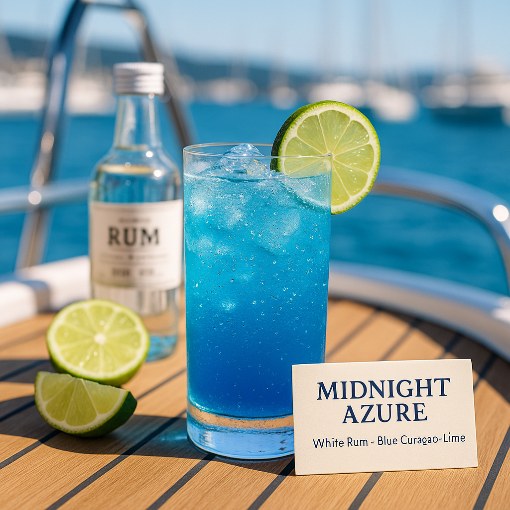 Midnight Azure, Rum, blue curaçao, lime, simple syrup, club soda cocktail