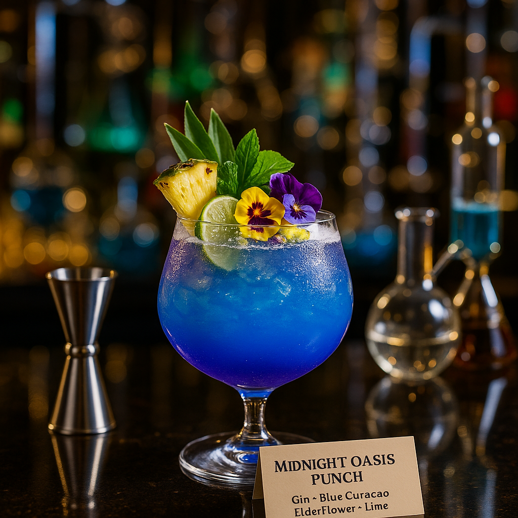 Midnight Oasis Punch, Botanical gin punch with tropical fruit zest