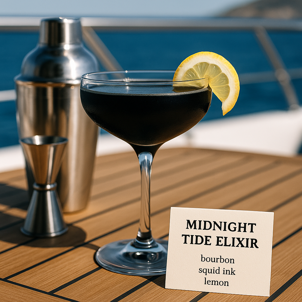 Midnight Tide Elixir, Bourbon-based Halloween cocktail with squid ink ...
