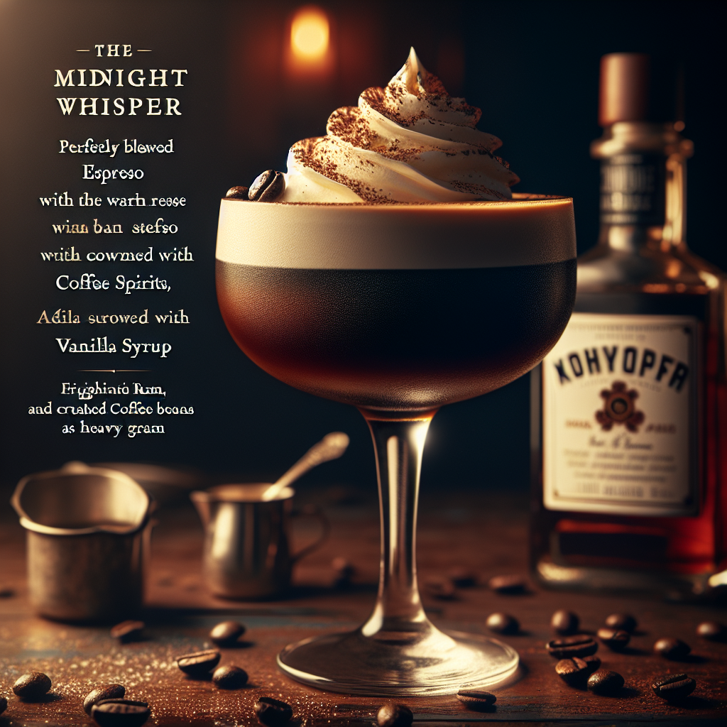 Midnight Whisper, Bold coffee cocktail with dark spirits and whipped cream