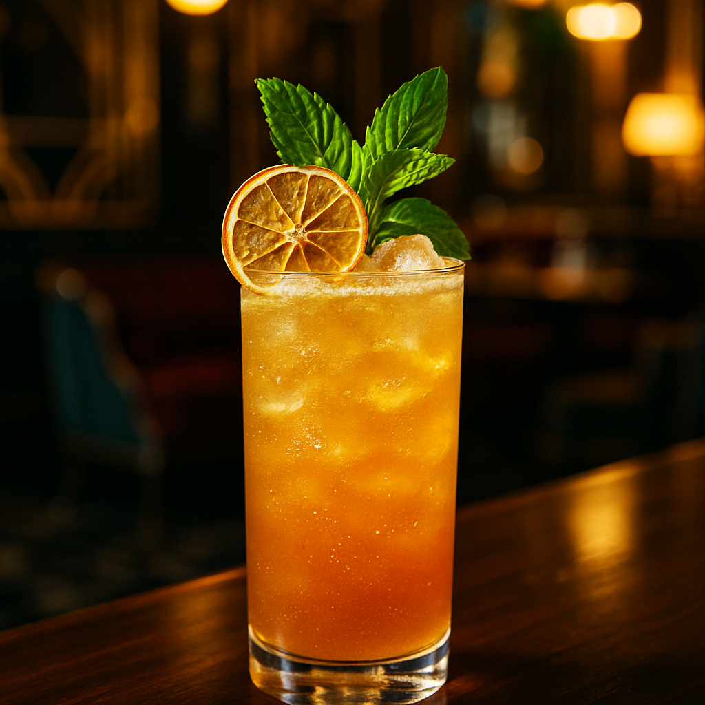 Mocktail Tropical Ember Glow, Exotic holiday mocktail with tropical and smoky flavors