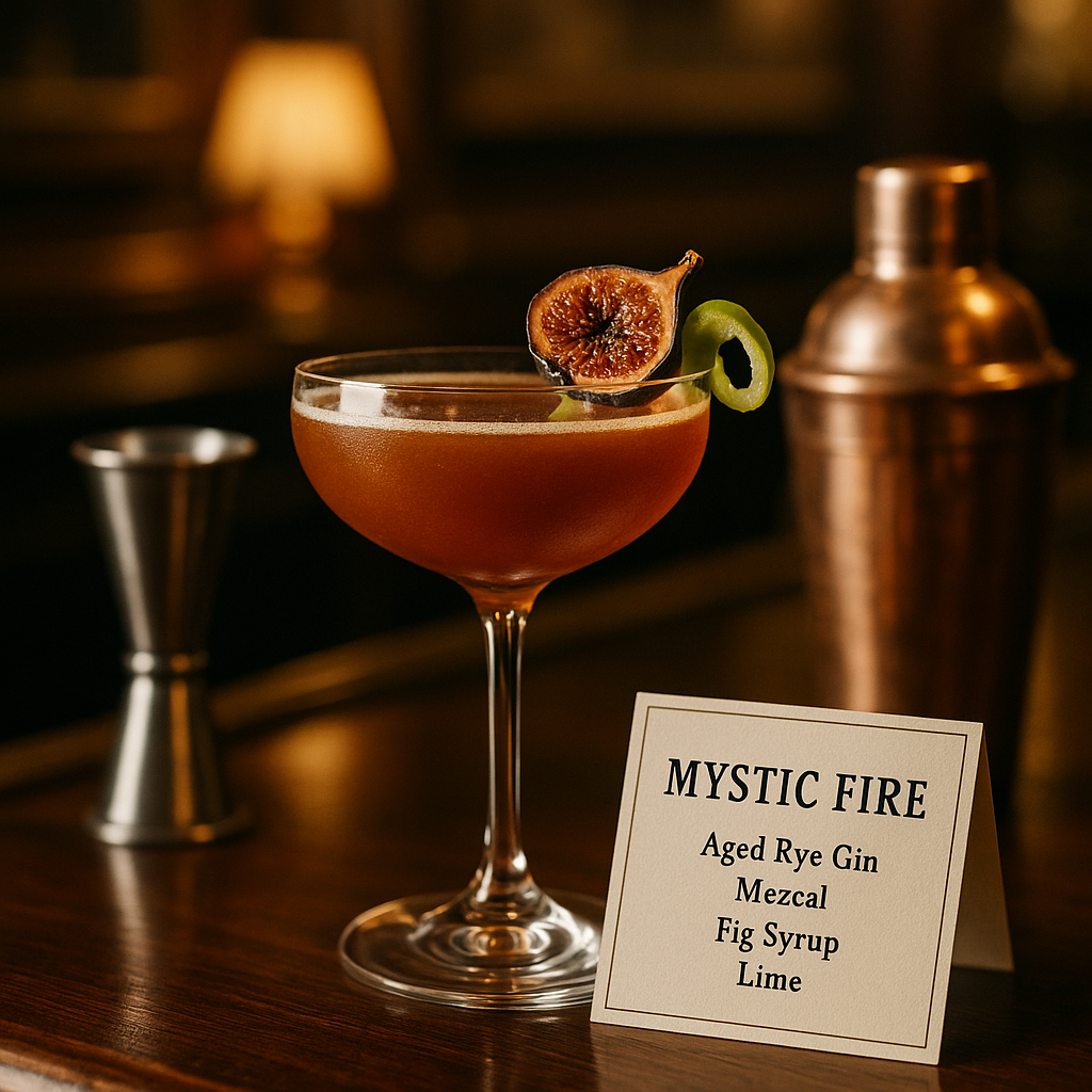 Mystic Fire, Enchanting cocktail with aged rye gin, mezcal, lime, fig syrup