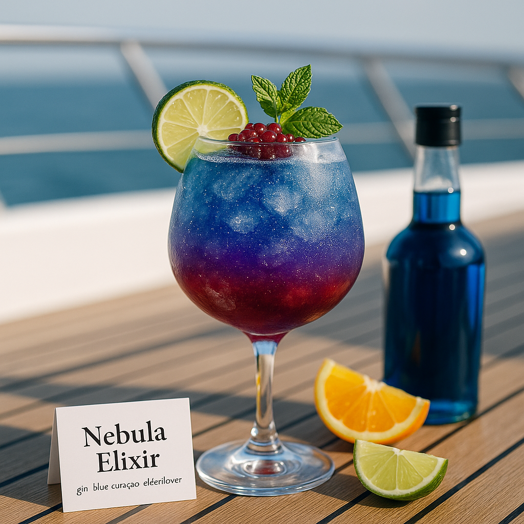 Nebula Elixir, Cosmic cocktail with spherified raspberry caviar