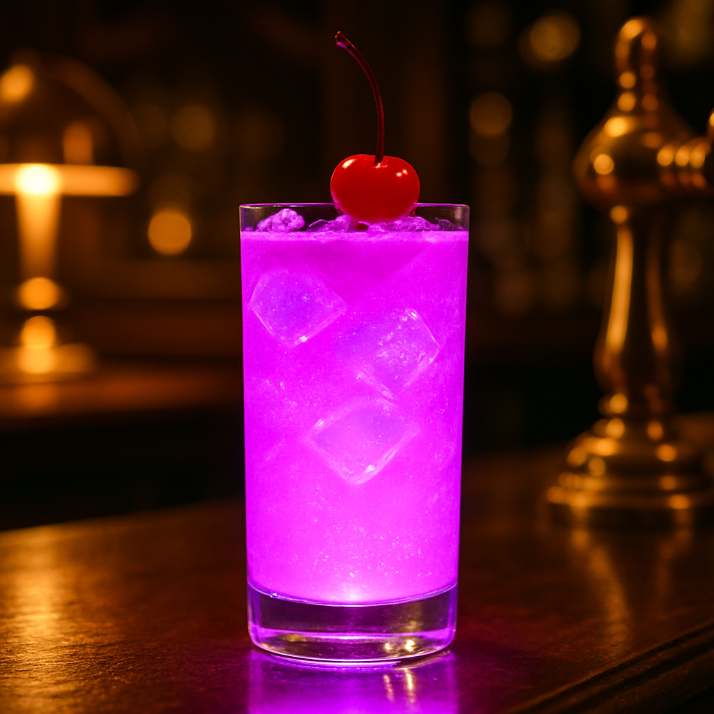 Neon Cherry Fission, Electrifying neon cherry cocktail with vibrant flavors