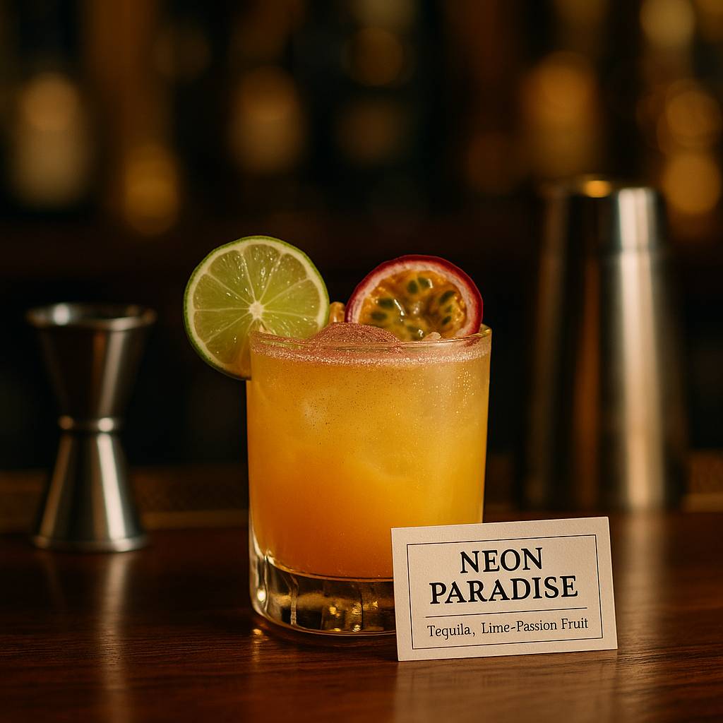 Neon Paradise, Vibrant tequila cocktail with exotic flair
